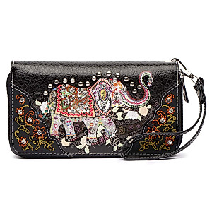 Elephant Rhinestone Studded Western Style Concealed Carry Purse Handbag Women Shoulder Bag Wallet Set (Black Set)