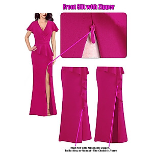 VFSHOW Womens Ruched Wrap V Neck Ruffle Formal Peplum High Slit Maxi Long Dress 2023 Wedding Guest Cocktail Prom Glitter Evening Gown (Hot Pink, Medium) 3121 HPIK M
