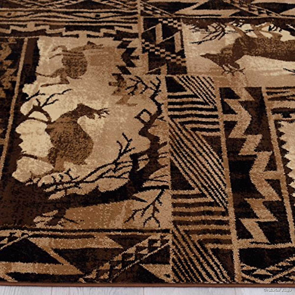Allstar 4x5 Ivory and Mocha Cabin Rectangular Accent Rug with Espresso Wildlife Framed Forest Animal Collage Design (3' 9" x 5' 1")