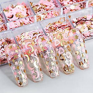 KACHIMOO KACHIMOO Nail Glitter Sequins,12 Grids Gold Pink Nail Glitter Flakes 3D Cherry Blossoms Moon Star Nail Sequin Flakes Heart Nail Charm Nail Accessories for Nail Art Decoration