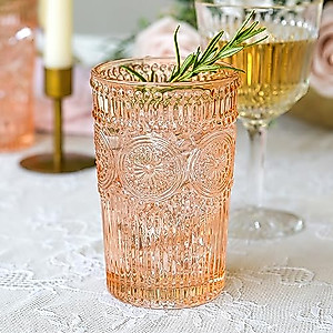 Vintage Textured Rose Gold Striped Drinking Glasses Set of 6, (13 oz) Ribbed Glassware Set | Cocktail Set, Ice Tea Glasses, Juice Glass, Water Cups