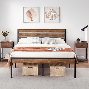 GAOMON Queen Bed Frame with Wood Headboard and Metal Slats, Mattress Foundation No Box Spring Needed Easy to Assemble Non-Shaking and Non-Noise (Queen)