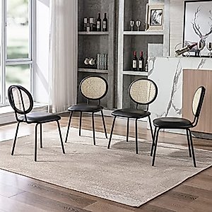 Jaxsen Faux Leather Indoor Kitchen Dining Chairs Set of 4 with Rattan Backrest, Modern Industrial Upholstered Chairs mid Century Metal Dining Chair Suitable for Dining Room Wine Coffee Bar, Black,18"