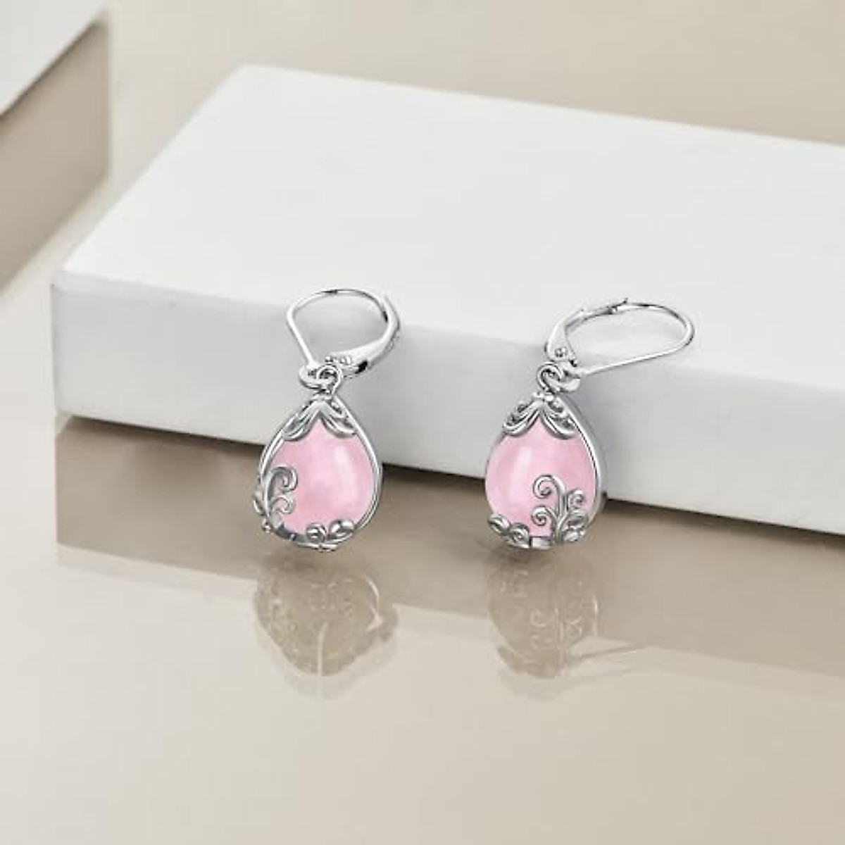 POPLYKE Rose Quartz Filigree Teardrop Drop Dangle Earrings Sterling Silver Pink Crystal Leverback Earrings Jewelry for Women