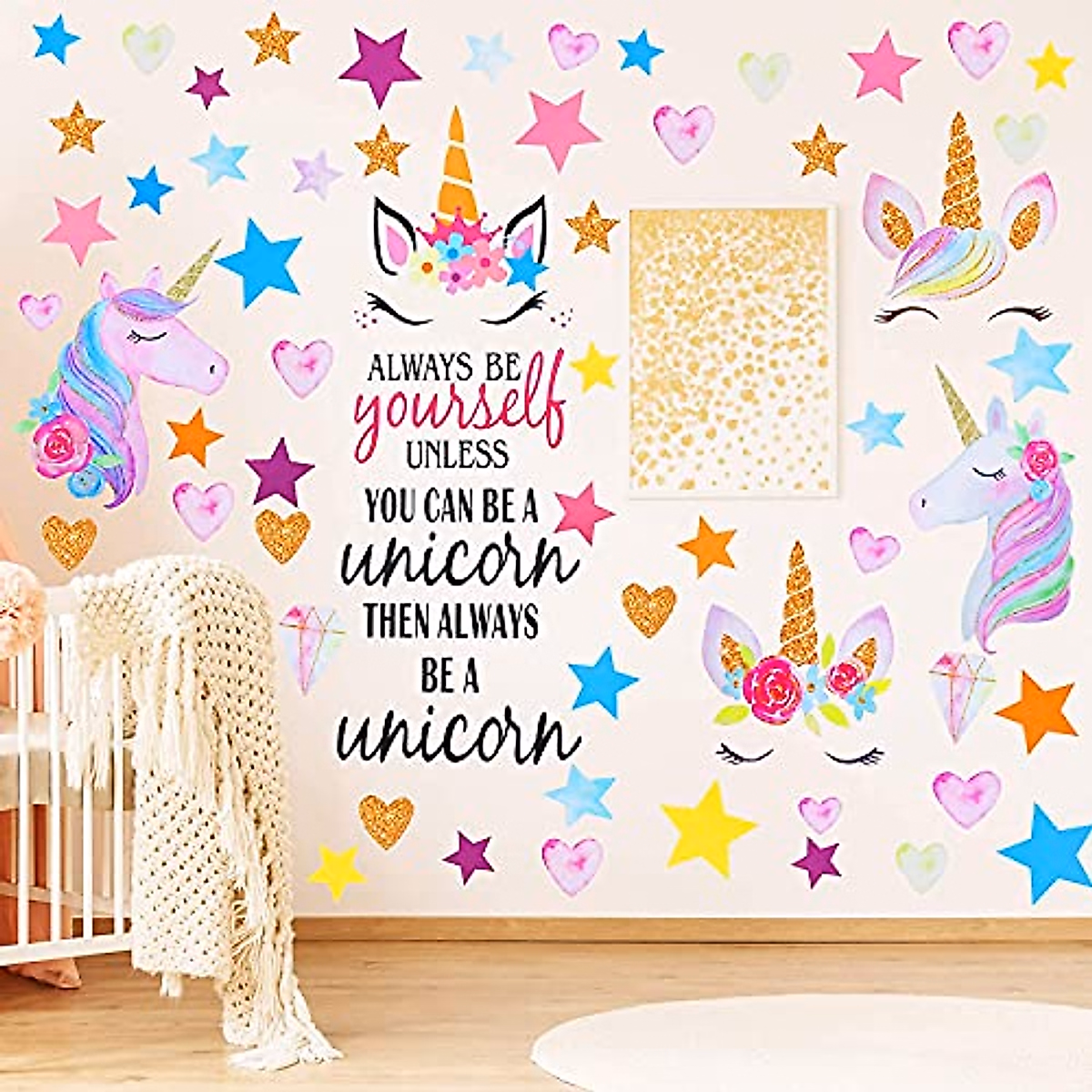 3 Sheets Unicorn Wall Decals Removable Unicorn Wall Stickers,Bring 100 Pcs Stars Noctilucent Stickers.Murals Decals for Wall Decorate Kids Bedroom Room Decoration