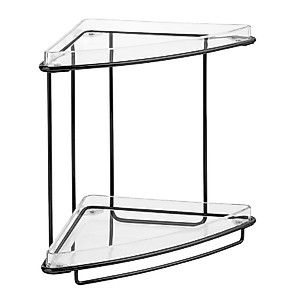 mDesign Steel/Plastic Freestanding Countertop Corner Shelf Organizer with 2-Tier Storage for Bathroom, Vanity, Cabinet, Counter - Holds Makeup, Bath Gel - Prism Collection - Clear/Matte Black
