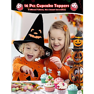 JROYJOY 3 Tier Halloween Cupcake Stand, Cupcake Tower with 16 Pcs Pumpkin Cupcake Toppers, Cake Stand for Dessert Table, Cupcake Display Stand for 24 Cupcakes Party Supplies Halloween Decorations