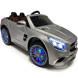 Americas Toys Kids Car with Remote Control, Mp4 Touch Screen, LED Wheels, Leather Seat – Electric Car for Kid to Drive, Open Trunk, Pull Handle, Compatible with Mercedes Benz Painted Silver