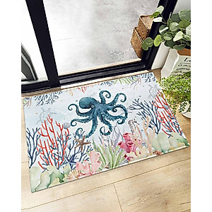 Octopus Shag Mat for Bathroom,Sea Monster Fluffy Bath Rug,Underwater Coral Non-Slip Water Absorb Area Rug Shaggy Carpet,Ocean Marine Life Washable Warm Fuzzy Shag Door Mats for Indoor Floor 24x35IN