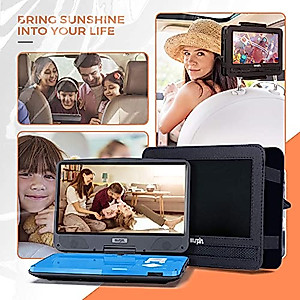 SUNPIN 12.5" Portable DVD Player for Car and Kids, 10.1" Swivel HD Screen with 5 Hours Built-in Battery, Car Headrest Holder, Dual Headphone Jacks, Support USB/SD Card/Sync TV/All Regions Discs, Blue