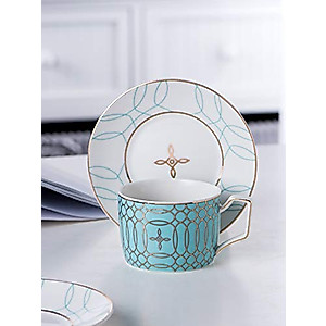 Jusalpha Porcelain Tea Set-Service of 4- Modern Elegant Mint Green Tea Cup and Saucer Set-Coffee Cup Set with Saucer and Spoon,TCS15 (4) (Blue)