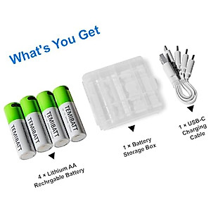 TEMIBATT Rechargeable Lithium AA Batteries,Double A Batteries 4 Pack, 2600mWh 1.5V Lithium Rechargeable AA Batteries 4-in-1USB-C Charging Cable for Household and Business Devices