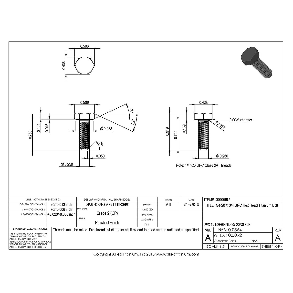 Allied Titanium 0000987, (Pack of 20) 1/4-20 X 3/4 UNC Titanium Hex Head Bolt, Grade 2 (CP)