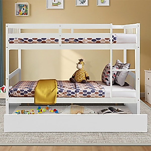 Full Over Full Bunk Bed with Trundle, Pine Wood Bunkbeds with Build-in Ladder and Safety Rails, Convertible to 2 Full Size Platform Bed for 3 Teens& Adults, No Box Spring Needed, White