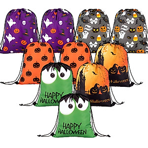 Whaline Large Halloween Drawstring Backpack Bag 16.3 x 13.2Inch Huge Trick or Treat Sack Gift Backpack Candy Goodie Bags for Halloween Party Favors, 10Pcs