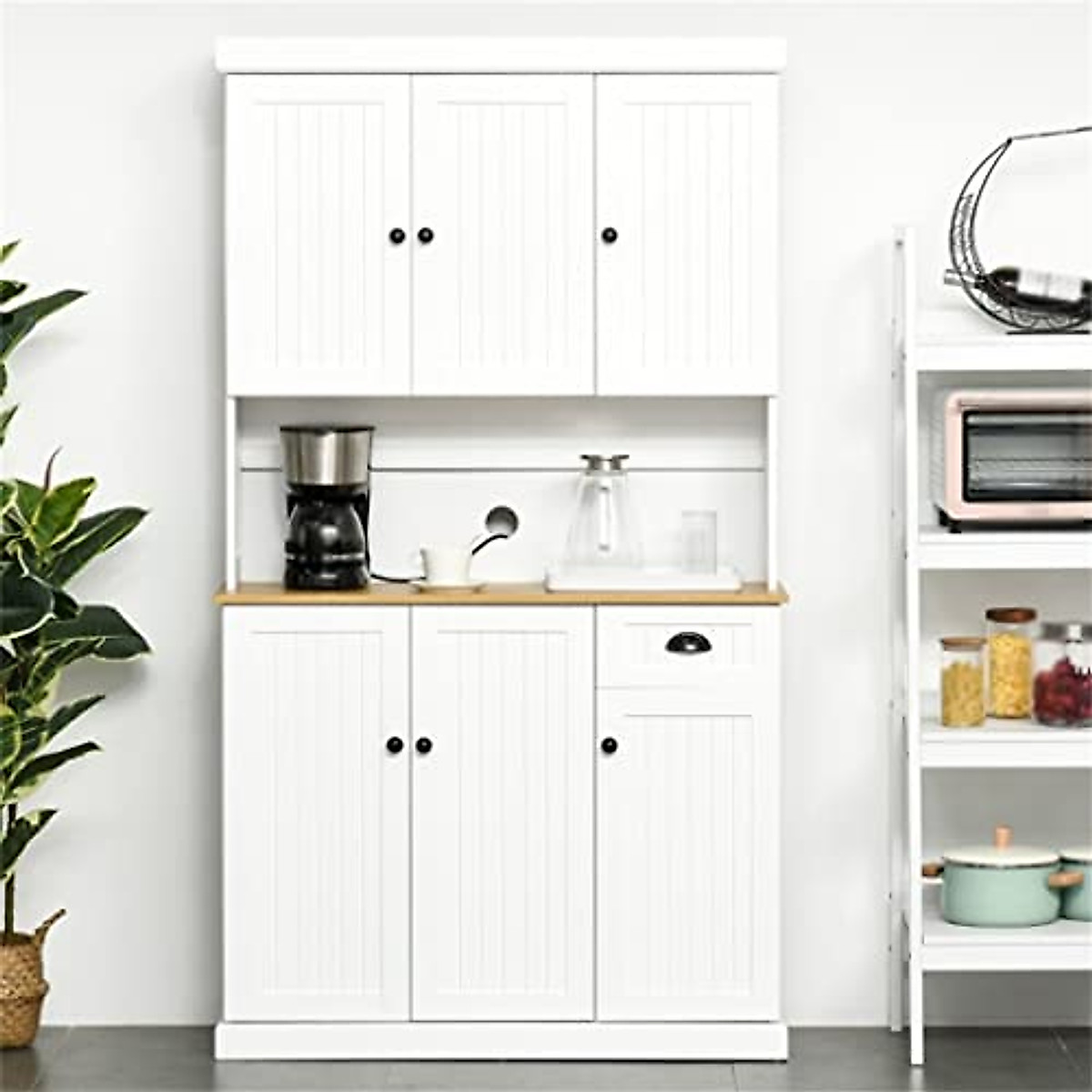 SEASD White Storage Cabinet 71" Kitchen Sideboard Self-Service Kitchen Pantry with Microwave Stand with Drawers