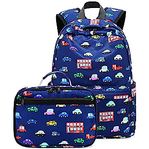 CAMTOP Backpack for Kids Boys Preschool Backpack with Lunch Box Toddler Kindergarten School Bookbag Set (Y057-2 Navy Blue/Car)