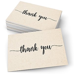 321Done Thank You Note Cards (Set of 50) 4x6 - Blank on Back - Made in USA, Cute Modern Script Kraft Tan Thick Cardstock, Large