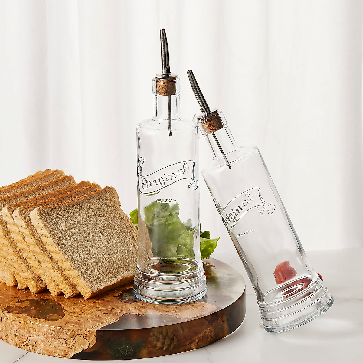 Mason Jar Oil and Vinegar Cruet Bottles - Set of 2-16.9oz - Authentic Original Olive Oil Glass Dispenser Set, Leak Free, Strong Stainless Steel Top with Weighted Pourer & Cork Base, Farmhouse Décor