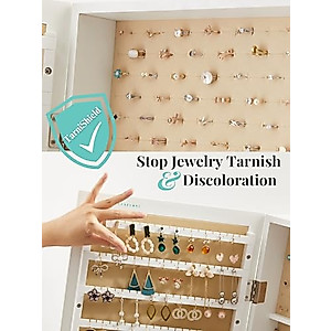 LUXFURNI LED Light Jewelry Cabinet Standing Full Screen Mirror Makeup Lockable Armoire, Large Cosmetic Storage Organizer w/Brush Holder (White)