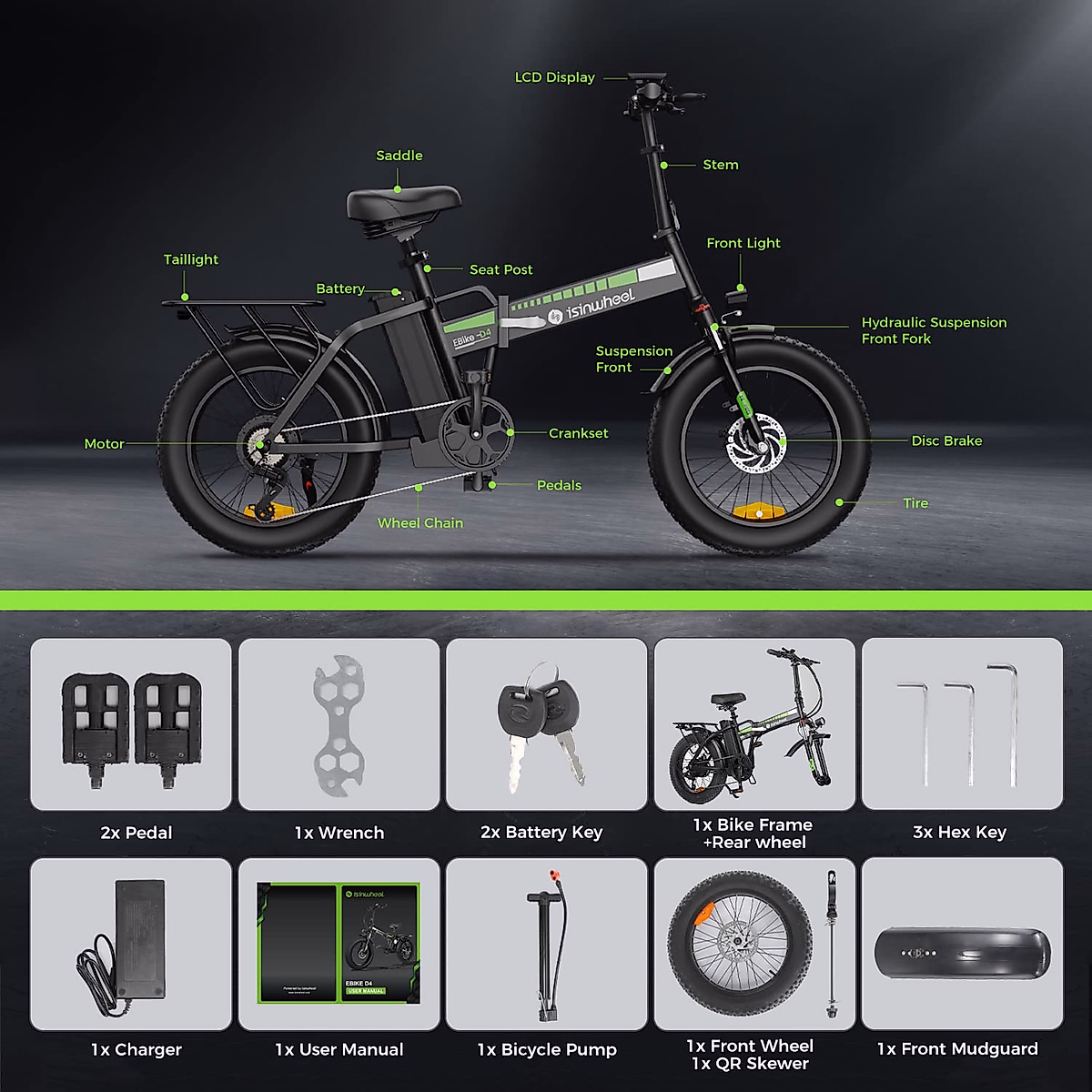 isinwheel D4 Electric Bike Adults with Peak 750W Motor, 20" x 4.0 Fat Tire Foldable Electric Bicycle, 48V 15AH Removable Battery and Dual Suspension System E-Bike for Beach Mountain, Shimano 7-Speed