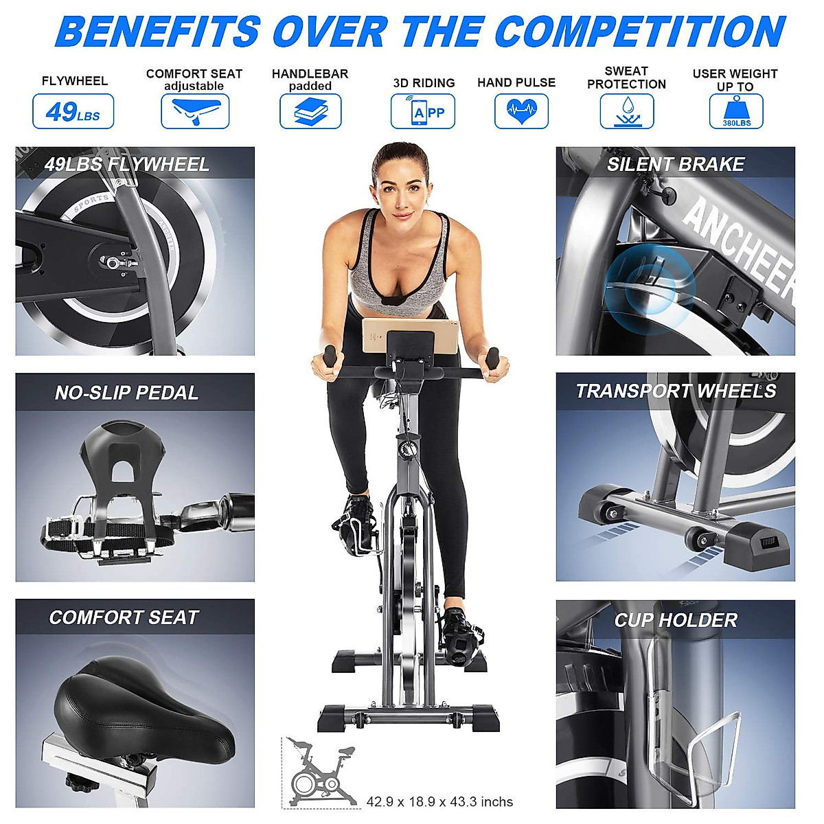 ANCHEER Indoor Cycling Bike, Stationary Exercise Bike with Heart Rate Monitor, Comfortable Seat Cushion, 49LBS Heavy Flywheel, Adjustable Seat and Handlebar, APP Control