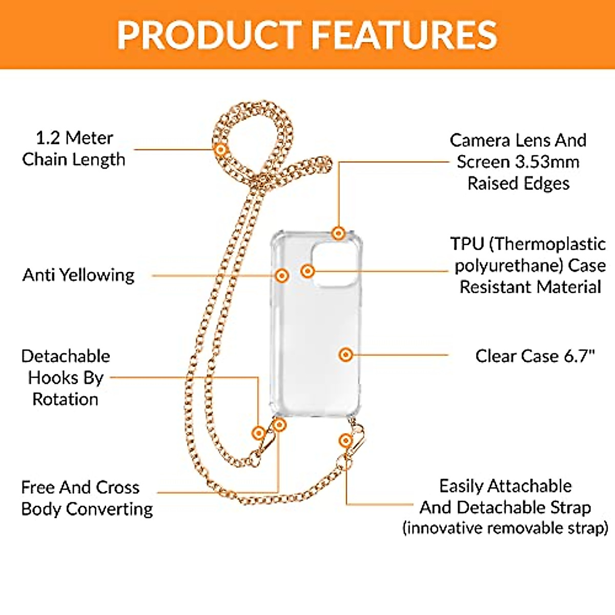 Horizon Clear iPhone 14 pro max case with Luxury Gold Strap for Women and Men - 100% Body Rugged Protector and Shockproof Bumper case 6.7 Inch with an Innovative Removable Chain