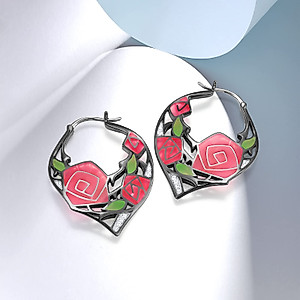 Santuzza Rose Earrings 925 Sterling Silver Handmade Enamel Flower Hoop Earrings for Women
