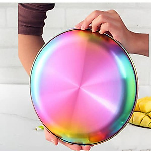 JYJFGSFA Rainbow Stainless Steel Dinner Plates Set with Fork, Set of 8, Colorful Metal Dessert Salad Plates for Eating Dinner Camping, Unbreakable and Reusable Kids Platter Indian Dishwasher Safe