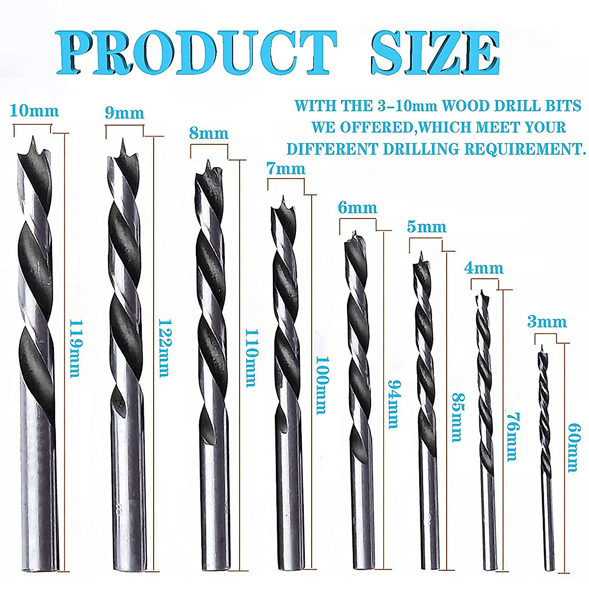 8PCS Brad Point Drill Bits, 3-10mm Spiral Twist Wood Drill Bits Set for Woodworking, Softwood and Laminated Wood MDF