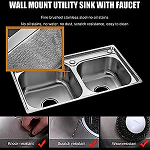 Wall Mount Utility Sink Hand Wash Basin, Commercial 304 Stainless Steel Sink 2 Compartment Kitchen Sink, Outdoor Sink Station Prep/Bar Sinks, for Garage Restaurant Laundr,Set 2-Set 1