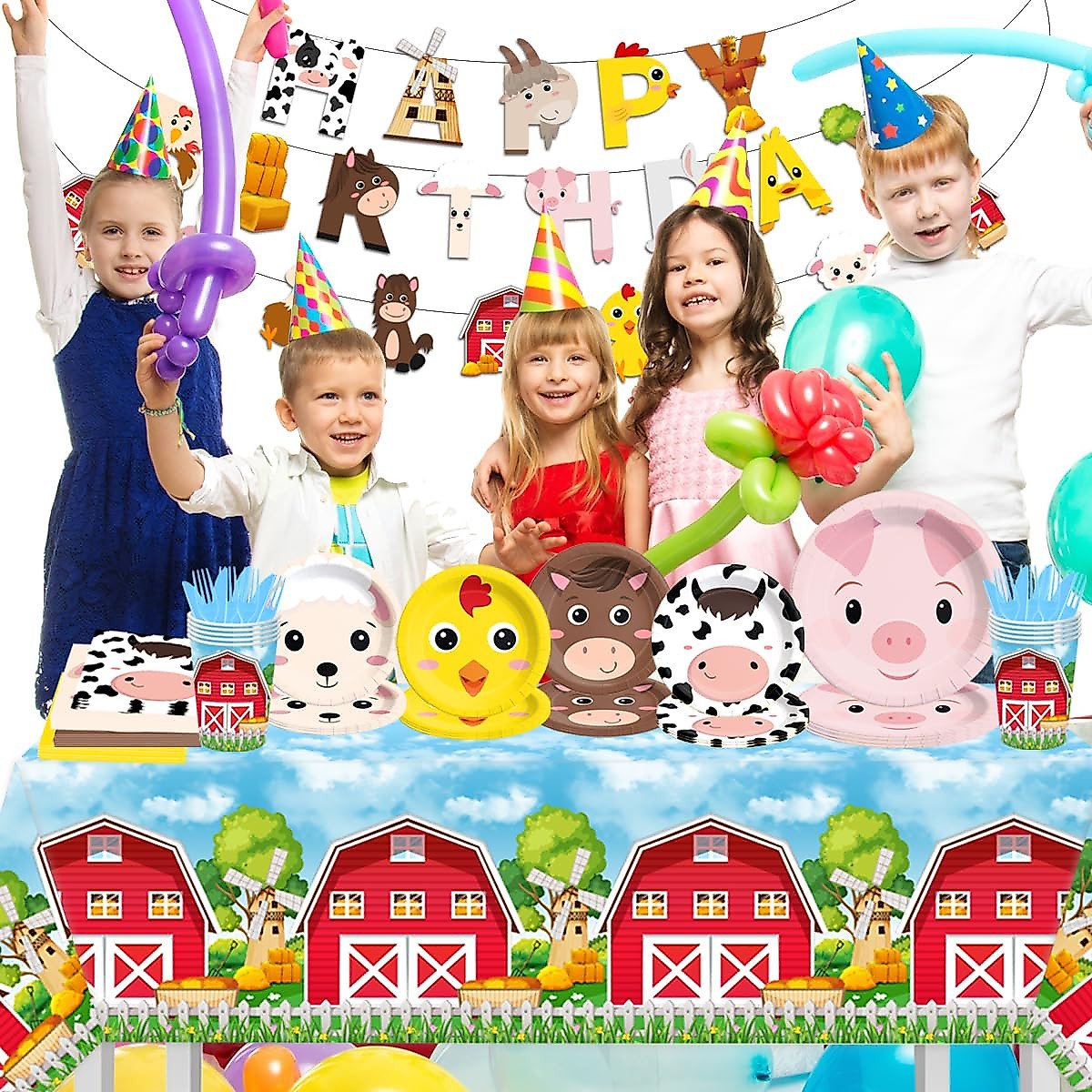 Farm Birthday Decorations-142Pcs Farm Animals Tableware Barnyard Themed Plates and Napkins Kit Farm Birthday Party Supplies for 20 Guest
