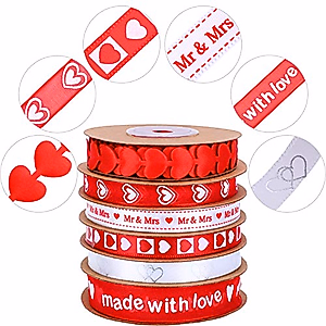 Zhanmai 6 Pieces Valentine's Day Ribbons Printed Heart Wired Ribbons Craft Satin Ribbons for Gift Wrapping DIY Supplies