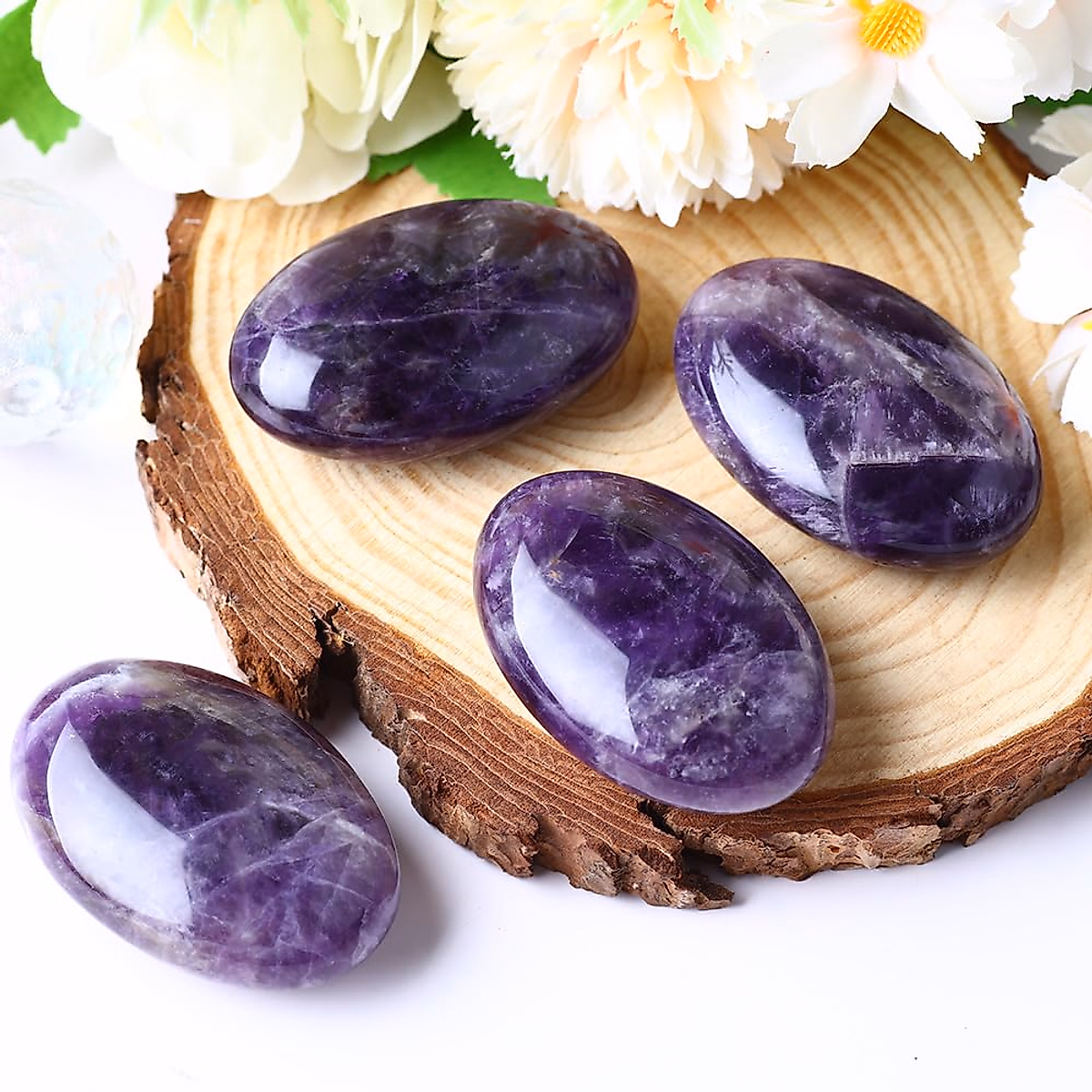 UFEEL Amethyst Palm Stone Crystal Natural Chakra Therapy Polished Healing Crystal Oval Pocket Gemstone for Anxiety Stress Relief