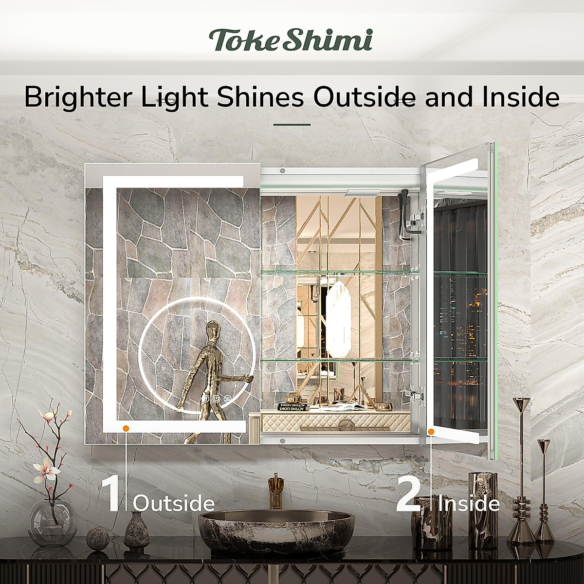 TokeShimi 30.1x32 Led Medicine Cabinet Mirror with Electrical Outlet, Wall Mounted or Recessed Medicine Cabinet with Light Frontlit Anti-Fog 3 Colors Temperature Dimmable for Bathroom