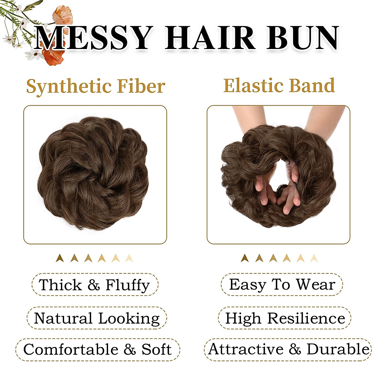 MORICA 1PCS Messy Hair Bun Hair Scrunchies Extension Curly Wavy Messy Bun Hair Synthetic Chignon Hairpieces for Women(1-8#(Medium chestnut Brown))