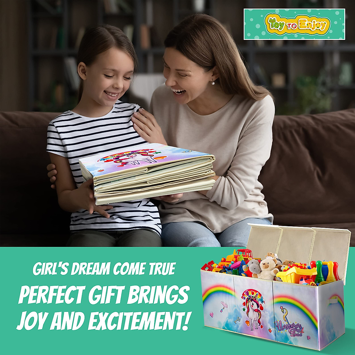 Toy To Enjoy Kids Toy Box - Large Stuffed Animal Storage, Collapsible Toy Chest Bin, Durable Fabric Toy Box for Boys & Girls - Storage Basket with Lid & Removable Inserts, 38x13x15 Inches (Unicorn)