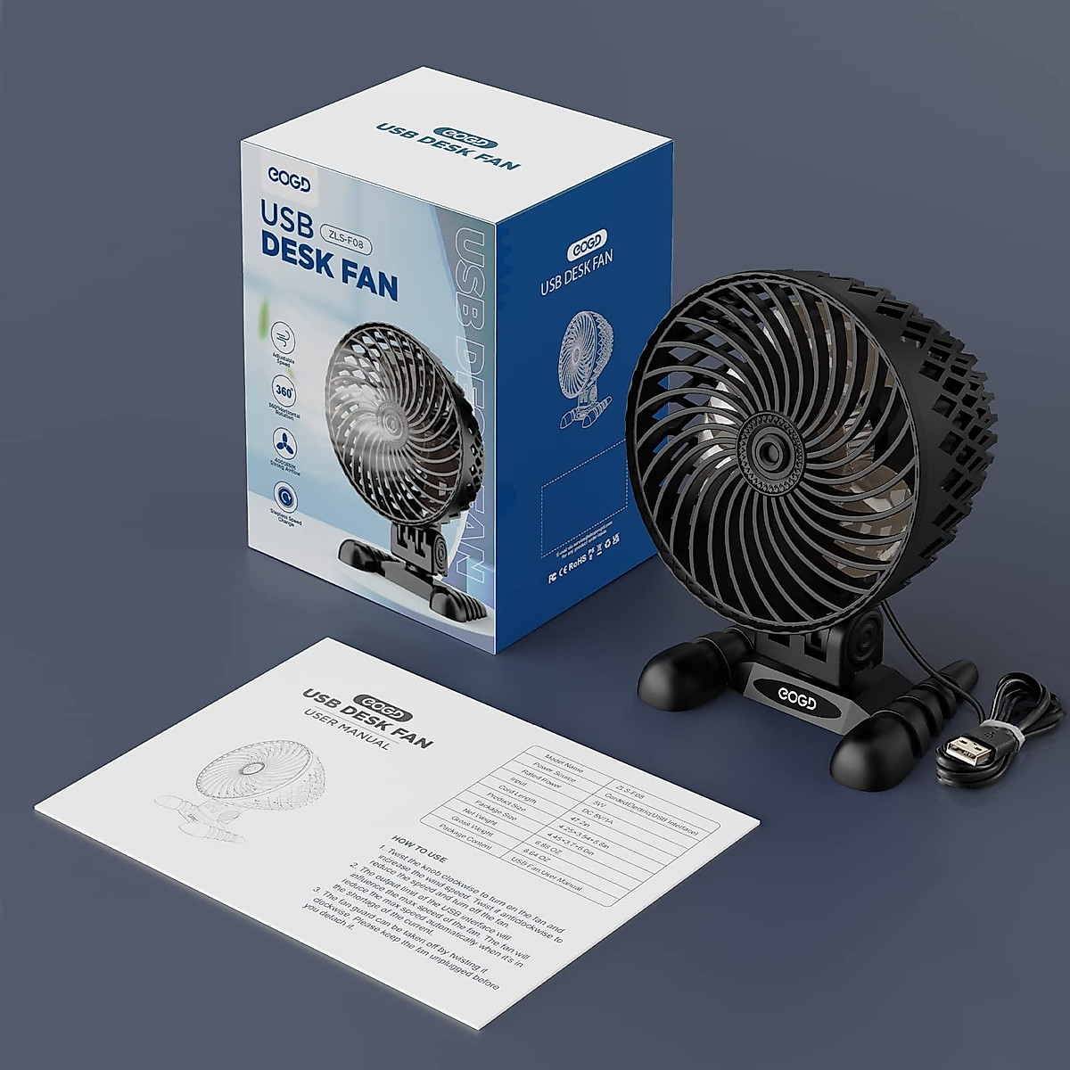 EOGD 2022 Newest USB Desk Fan with Stepless Speed Control, 4.2" Desk Fans Small Quiet Personal Fan with Strong Wind Up To 12MPH, 360° Rotatable Mini Table Fan With Removable Fan Guard (Grey)