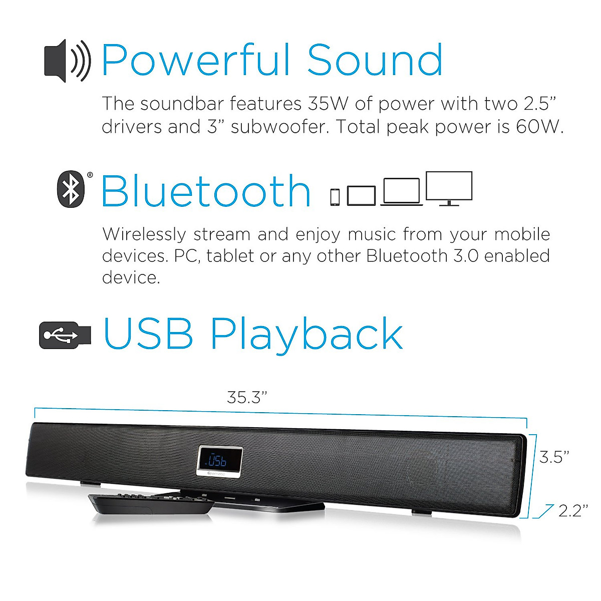 Ematic ESB210 Ultra-Slim 2.1 Channel Wireless Soundbar with Bluetooth and LED Display (Black)