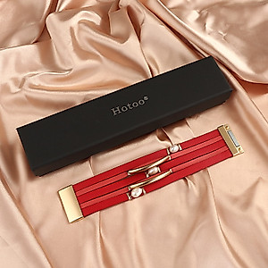 hotoo Baroque Natural Pearls Bracelets Boho Red Leather Wrap Bracelets for Women Gold Tube Bohemian Multi-Layer Cuff Bracelet Bangle with Buckle Jewelry Gifts