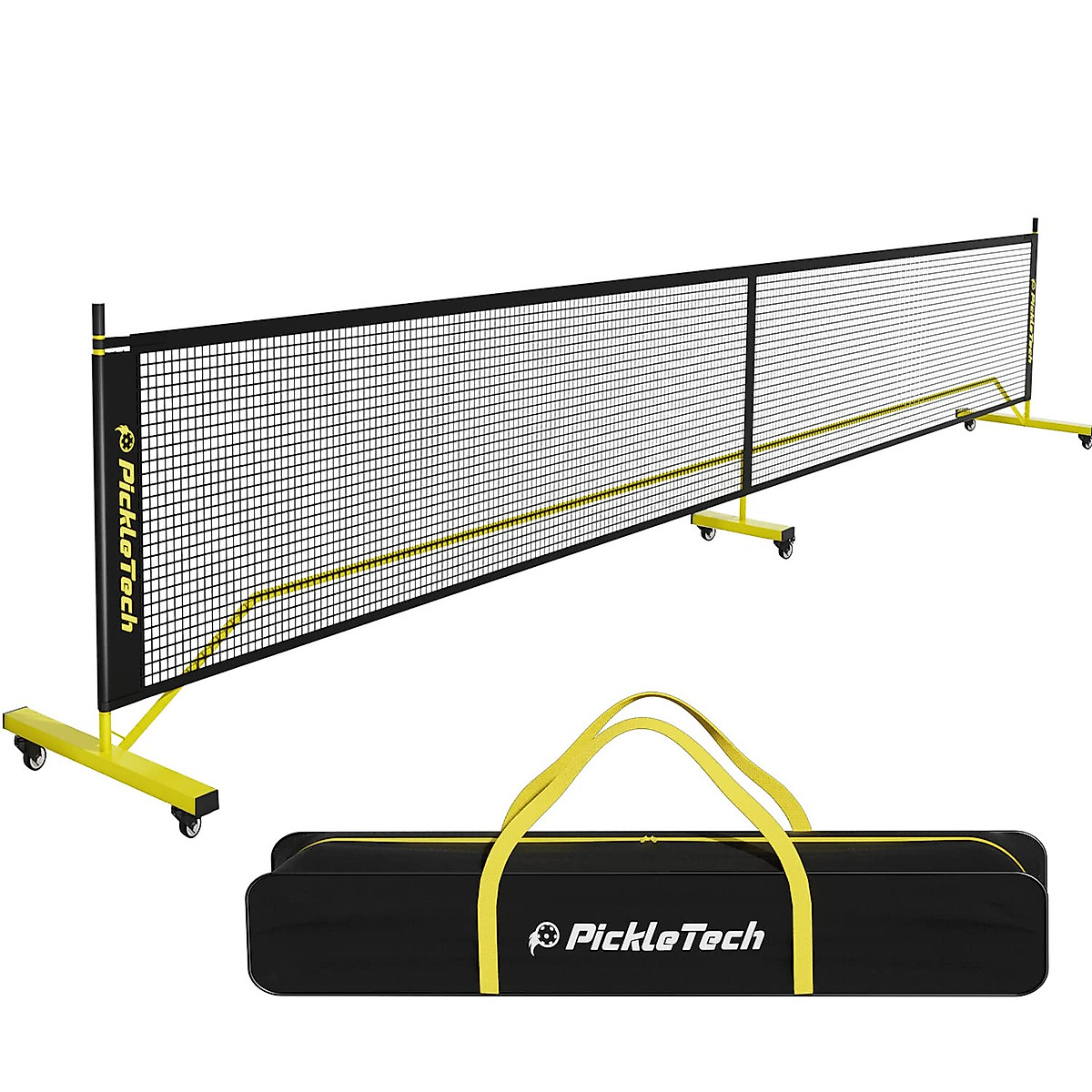 PICKLETECH Pickleball Net Portable Outdoor with Wheels - 22 FT USAPA Regulation Size, Applies to Indoor & Outdoor & Driveway, Pickle Ball Net System with Carrying Bag (Yellow)
