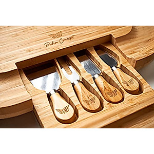 Bamboo Cheese Board & Knife Set of Puhu Concept - Elegant Gift for Women, Birthday, Wedding, Anniversary, Housewarming, Christmas, Special Days - Charcuterie Board for Cheese, Meat, Cracks and Wine