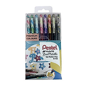 Pentel Hybrid - Dual Metallic Pens - Liquid Gel Rollerball Pens - K110 - Assorted Colours - Set of 8
