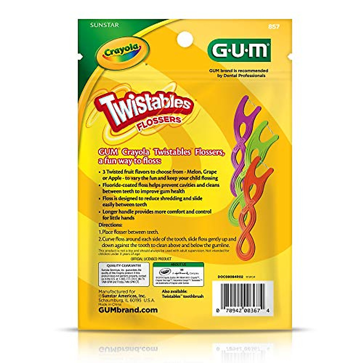 GUM Crayola Twistables Kids Flossers with Fluoride - Designed for Little Hands - Three Fun Fruit Flavors - Easy to Use Kids Floss Picks for Children Ages 3+, 75 ct