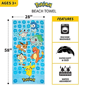 Franco Kids Super Soft Cotton Beach Towel, 58 in x 28 in, Pokemon