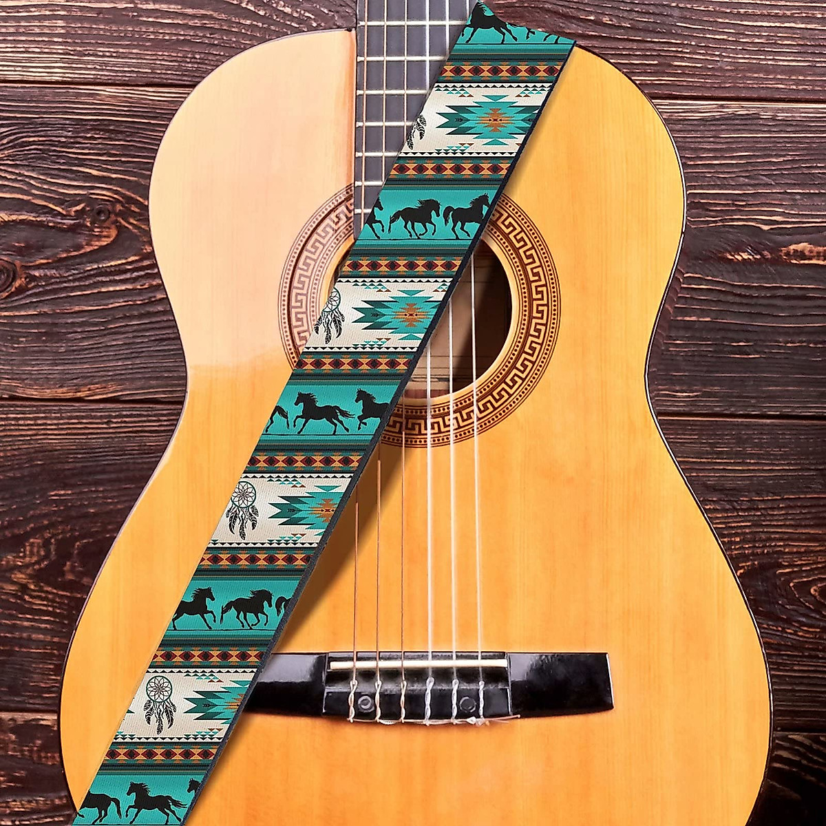 SEANATIVE Boho Horse Turquoise Aztec Print Guitar Straps with Pick Pocket Electric Acoustic Guitars Musical Accessories