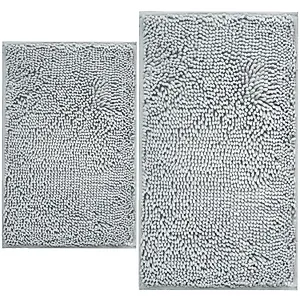 BOANKODU Bathroom Rugs Sets 2 Piece, Extra Soft Chenille Bath Mat Absorbent Bathroom Rug, Bathroom Mat with PVC Non-Slip Bottom, Machine Washable Bath Rugs (32x20 Inch + 24x16 Inch, Light Grey)