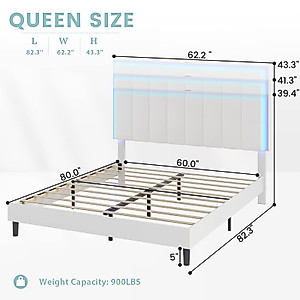 Hasuit Queen Bed Frame with Headboard and LED Light, Vegan Leather Platform Bed Queen Size with Charging Station, Upholstered Headboard Height Adjustable, Noise Free, Easy Assembly, White