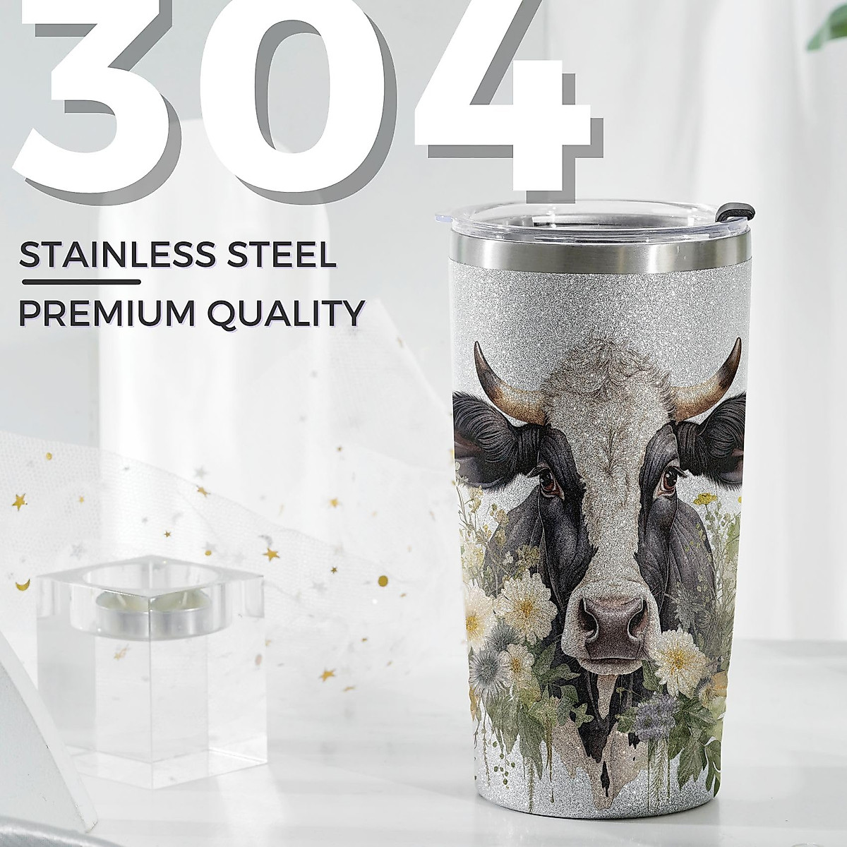 Onebttl Cow Gifts for Women Girls, Watercolor Cow 20oz Vacuum Insulated Stainless Steel Travel Tumbler with Lid, Glitter Silver