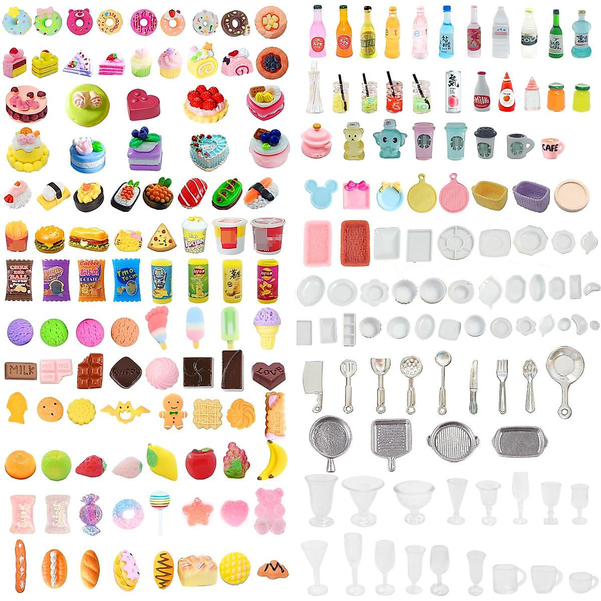 200Pcs Miniatures Food Drinks Bottles Dollhouse Accessories 1:12 Mini Stuff Things Toy Set Pretend Play Kitchen Game Playset Tiny Stuff Baking Micro Mart Hamburger Bread Ice Cream Cake